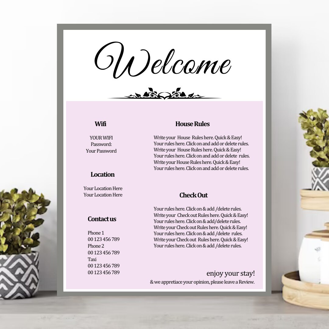 WELCOME SIGN TEMPLATE for Rental Home, Airbnb Sign, Guest Rules, Tenant ...