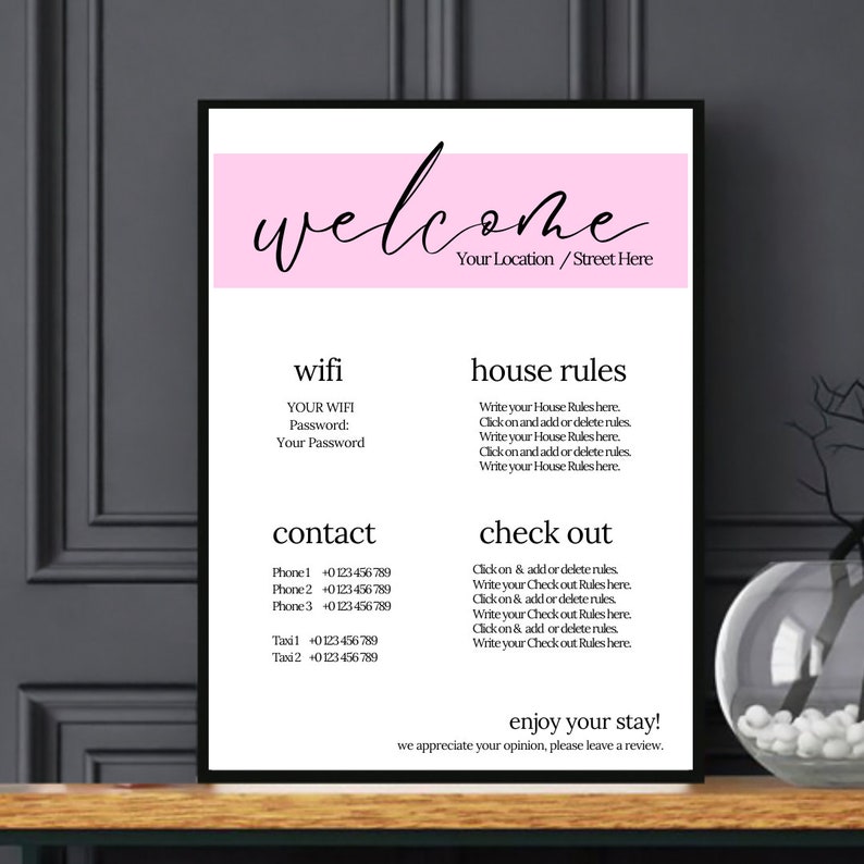 WELCOME TEMPLATE for Guest Rental Home. Airbnb Sign 1 Page, Tenant ...