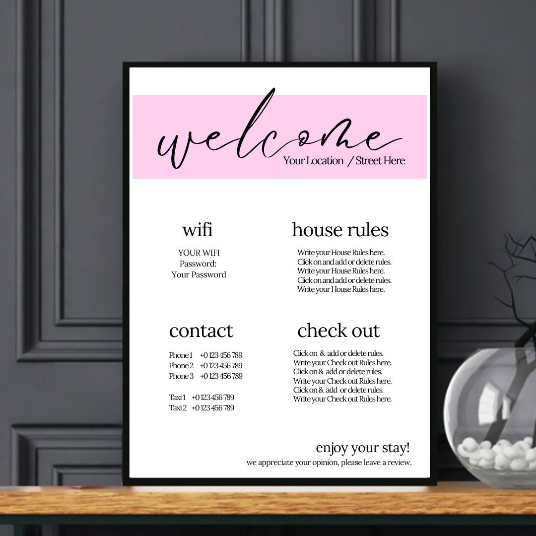 WELCOME TEMPLATE for Guest Rental Home. Airbnb Sign 1 Page, Tenant ...