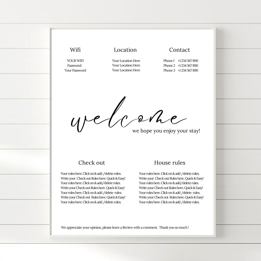 WELCOME SIGN TEMPLATE for Airbnb Rental House. Guest Rules Poster ...