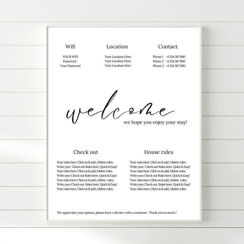 WELCOME SIGN TEMPLATE for Airbnb Rental House. Guest Rules Poster ...