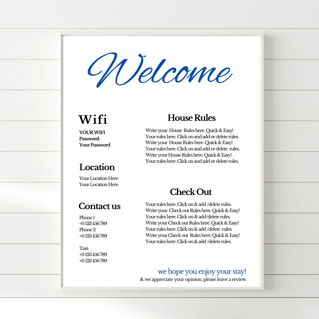 WELCOME SIGN TEMPLATE for Airbnb Rental Home, Tenant Sign, Guest Rules ...