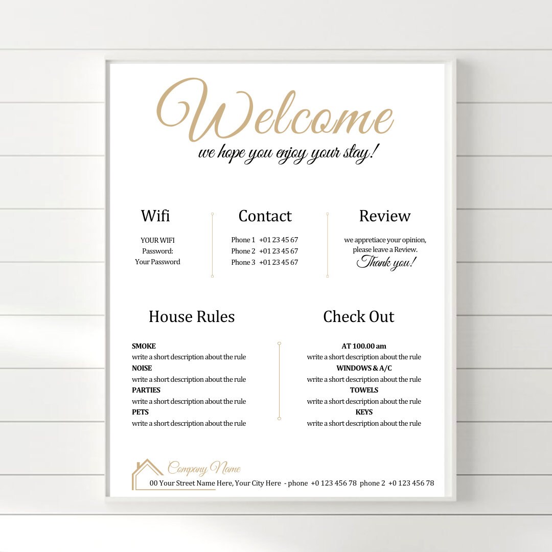 Airbnb WELCOME SIGN, Rules Template for Rental Home Apartment, Tenant ...