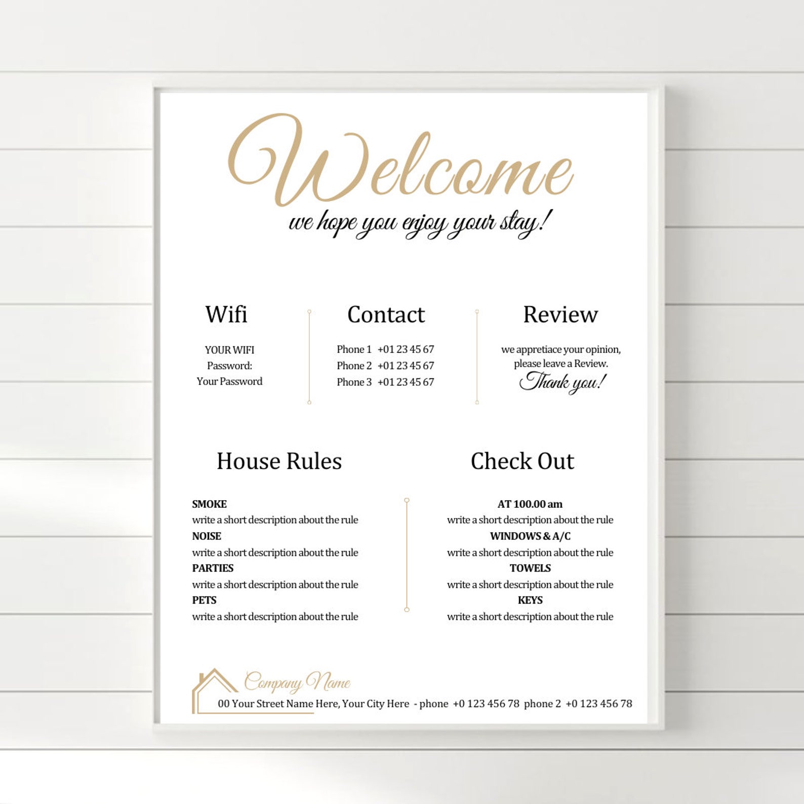 Airbnb WELCOME SIGN, Rules Template for Rental Home Apartment, Tenant ...