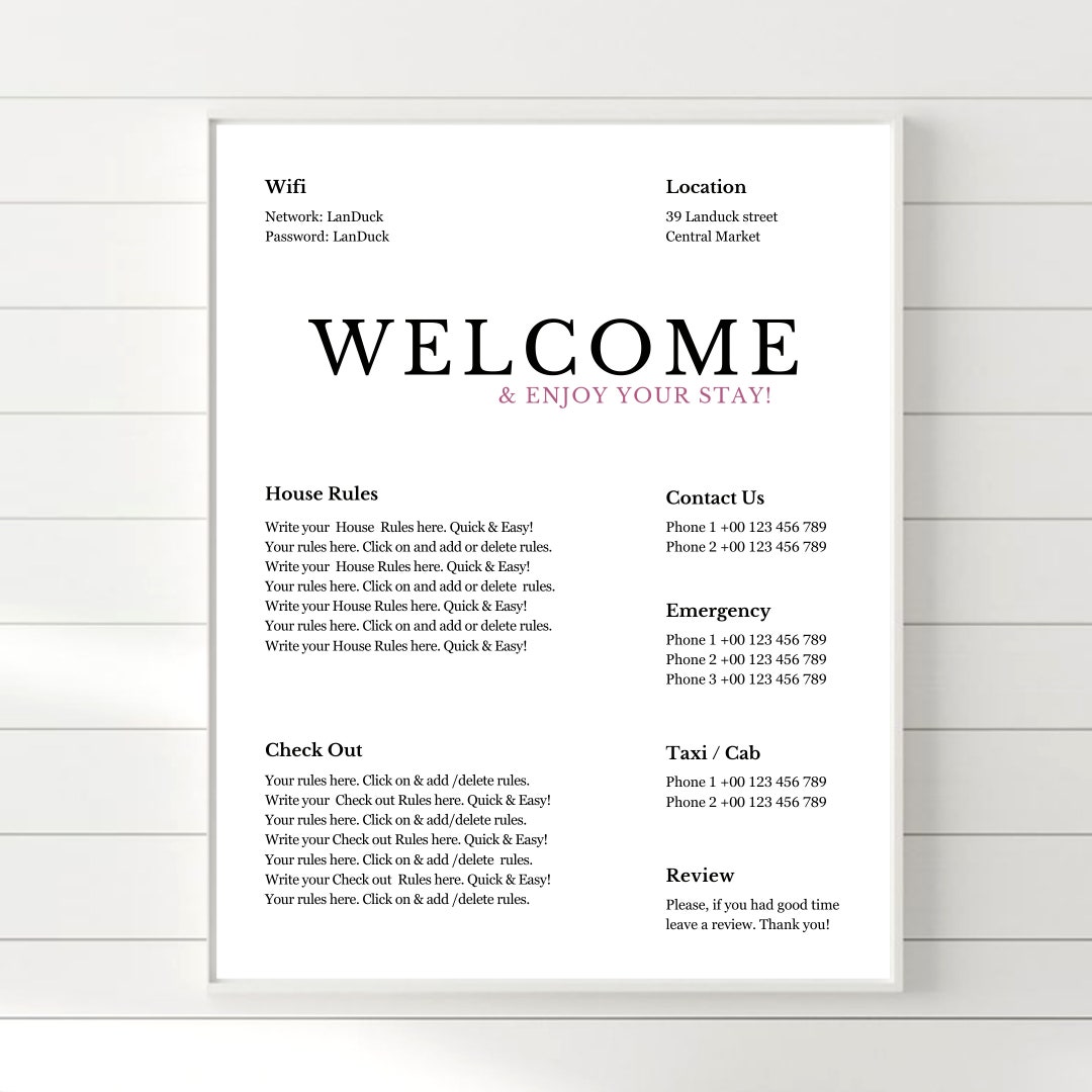 Airbnb WELCOME POSTER TEMPLATE for Rental House, Airbnb Sign 1 Page ...