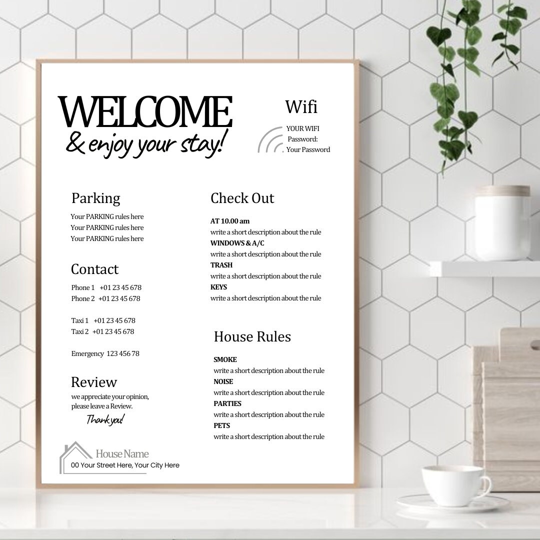 WELCOME SIGN TEMPLATE for Airbnb Guest Rental Home, Airbnb Tenant Sign ...