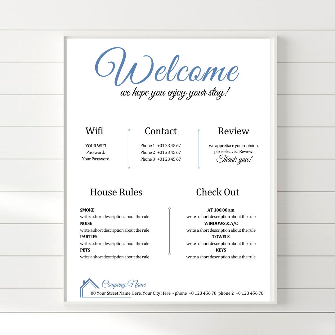 WELCOME SIGN TEMPLATE for Airbnb Rental House & Apartment, Airbnb Sign ...