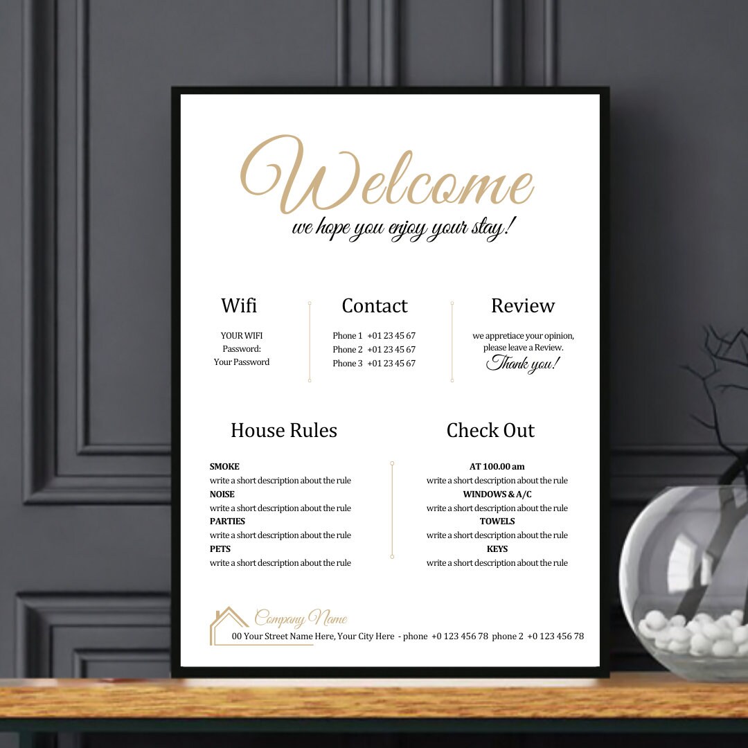 Airbnb WELCOME SIGN, Rules Template for Rental Home Apartment, Tenant ...