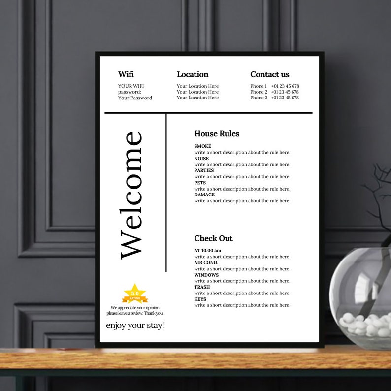WELCOME SIGN TEMPLATE for Airbnb Rental Home. Airbnb Sign, Tenant Sign ...