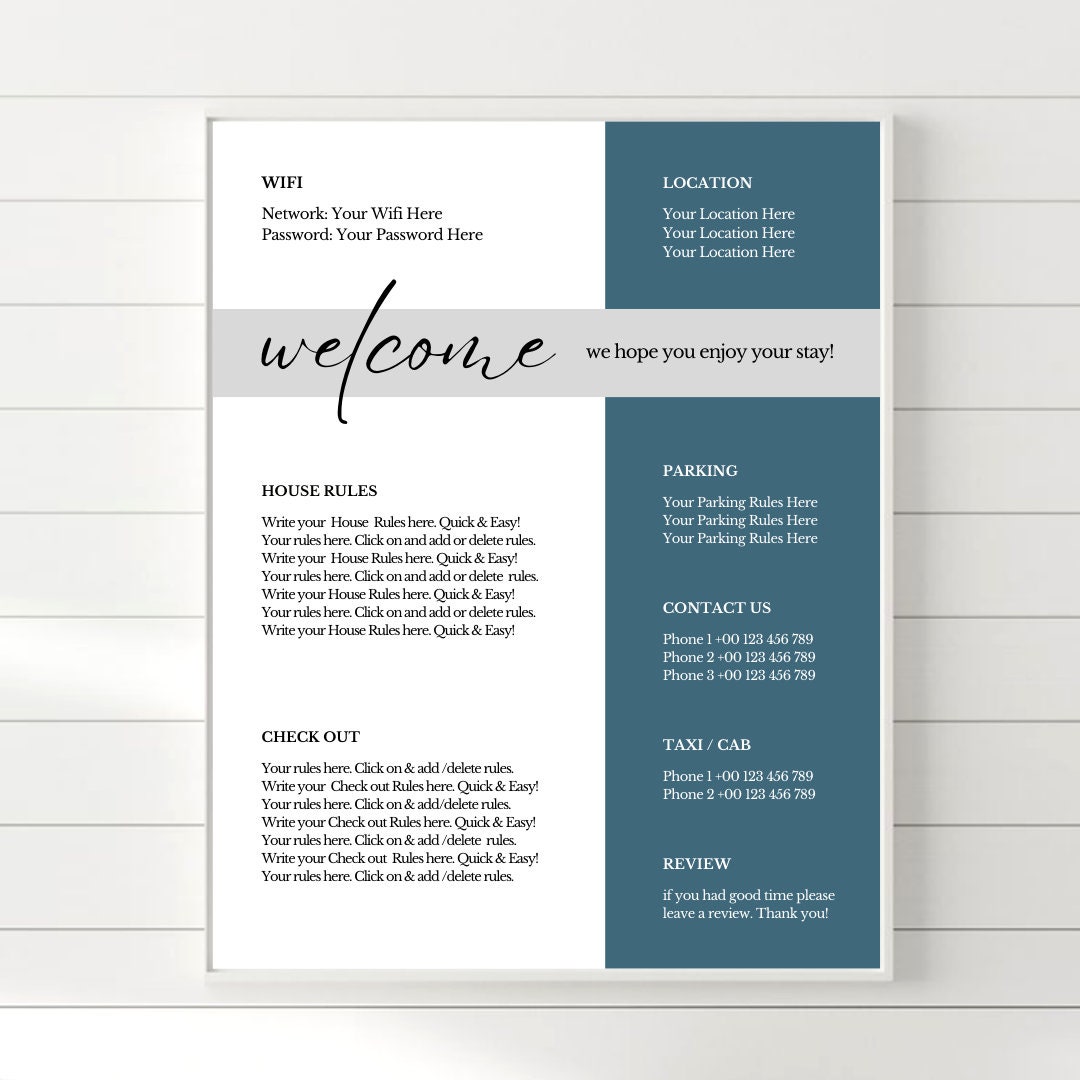 Airbnb WELCOME SIGN TEMPLATE for Rent House, Guest Rules Sign, Tenant ...
