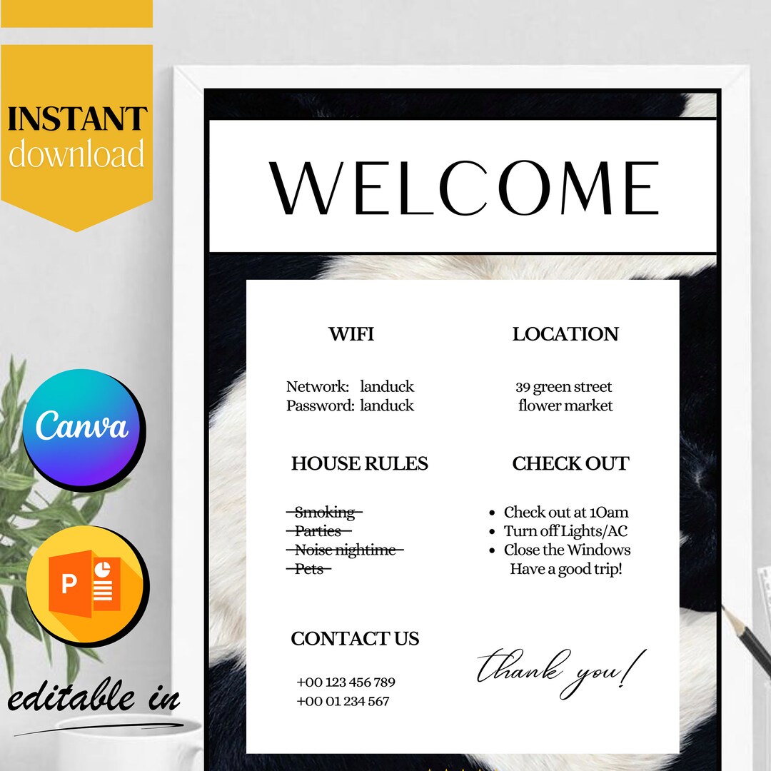 1 Page WELCOME SIGN TEMPLATE for Airbnb Host, House Rules & Check Out ...