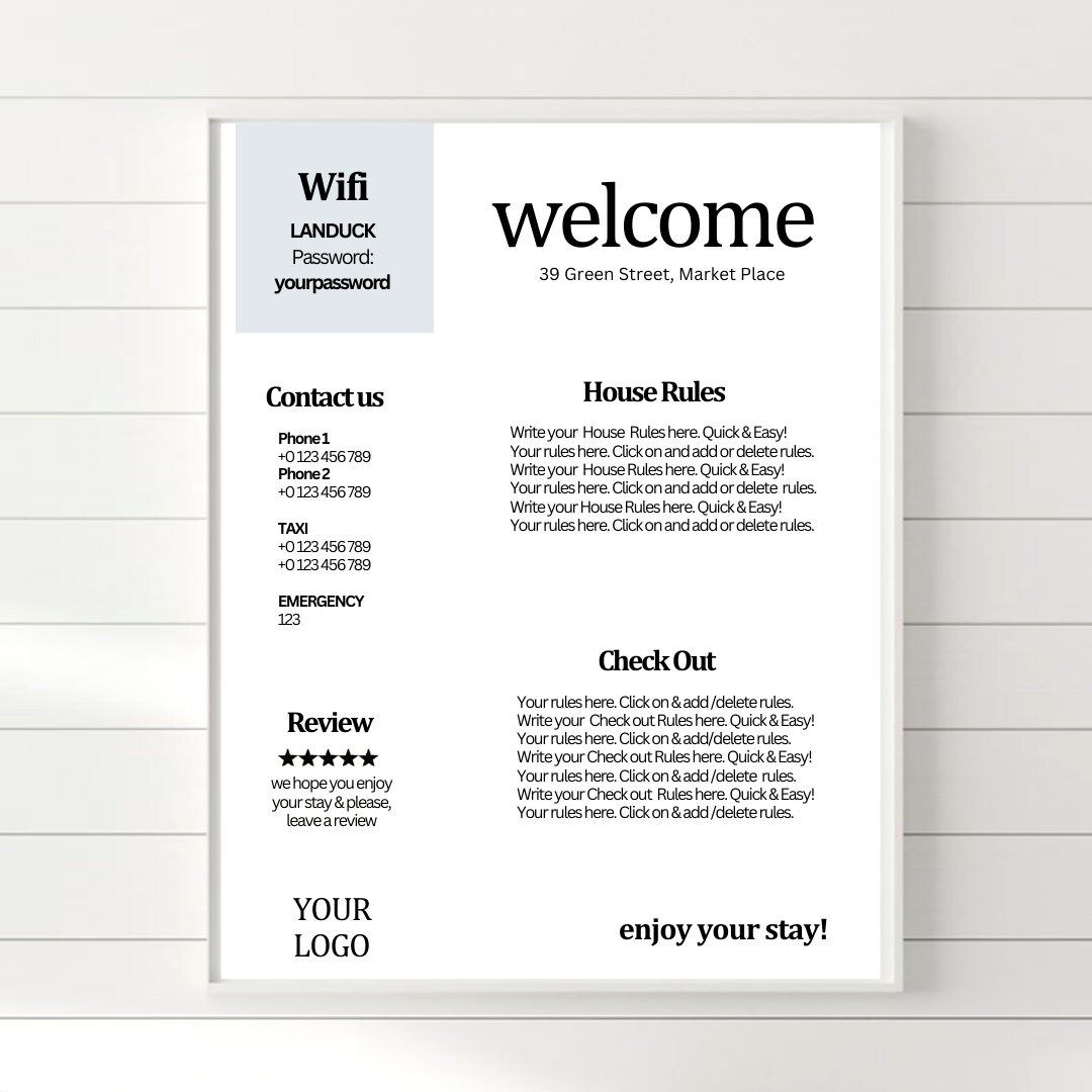 1 Page Airbnb Sign, WELCOME TEMPLATE Rental Home, Poster House Rules ...