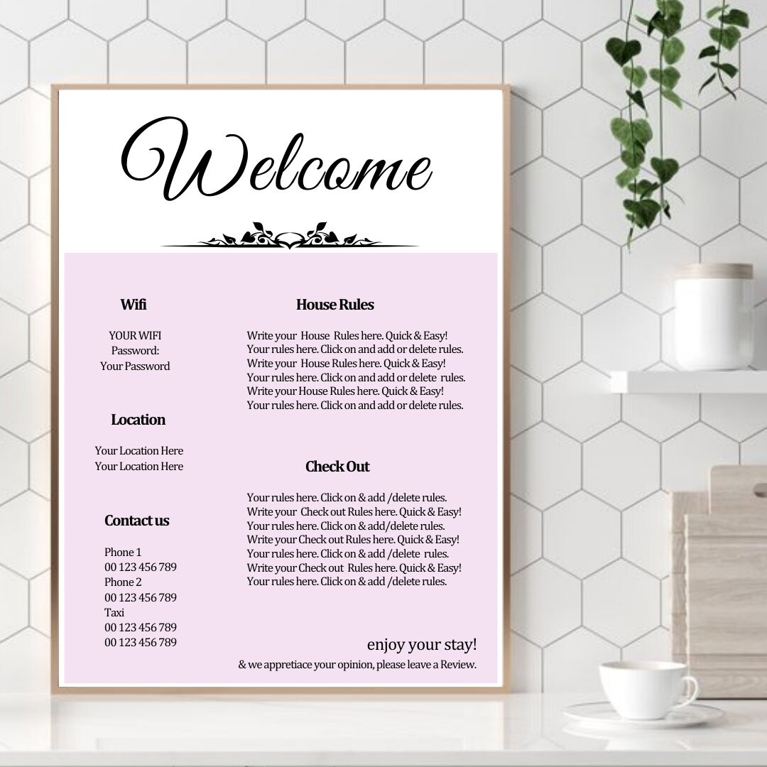 WELCOME SIGN TEMPLATE for Rental Home, Airbnb Sign, Guest Rules, Tenant ...