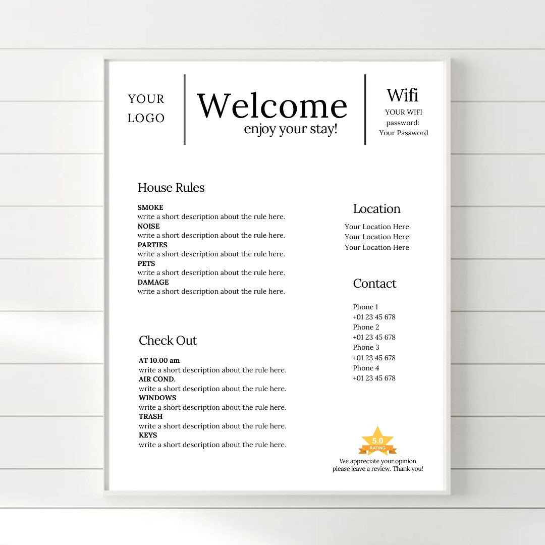 Airbnb WELCOME SIGN, Rules Template for Rental Home, Tenant Sign ...