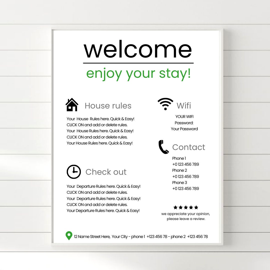 Airbnb Sign 1 Page, WELCOME SIGN TEMPLATE for Rental House. Tenant Sign ...