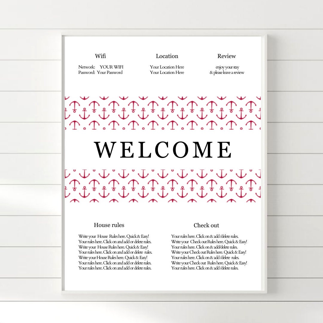 WELCOME SIGN TEMPLATE for Airbnb Rental Home, Tenant Rules Sign, Guest ...