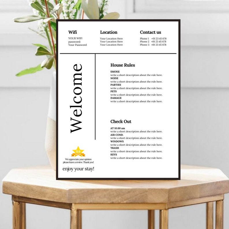 WELCOME SIGN TEMPLATE for Airbnb Rental Home. Airbnb Sign, Tenant Sign ...