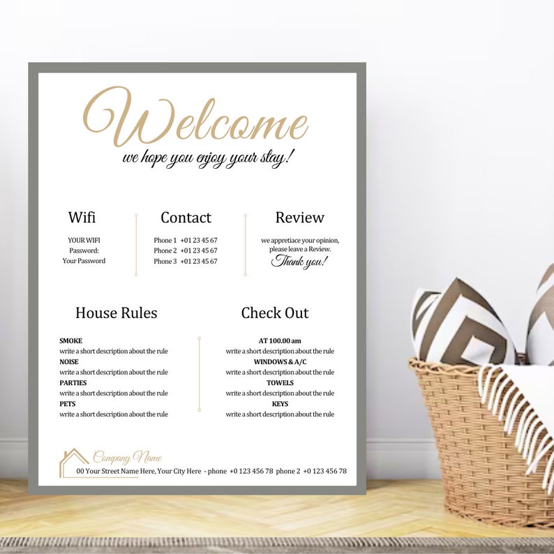 Airbnb WELCOME SIGN, Rules Template for Rental Home Apartment, Tenant ...