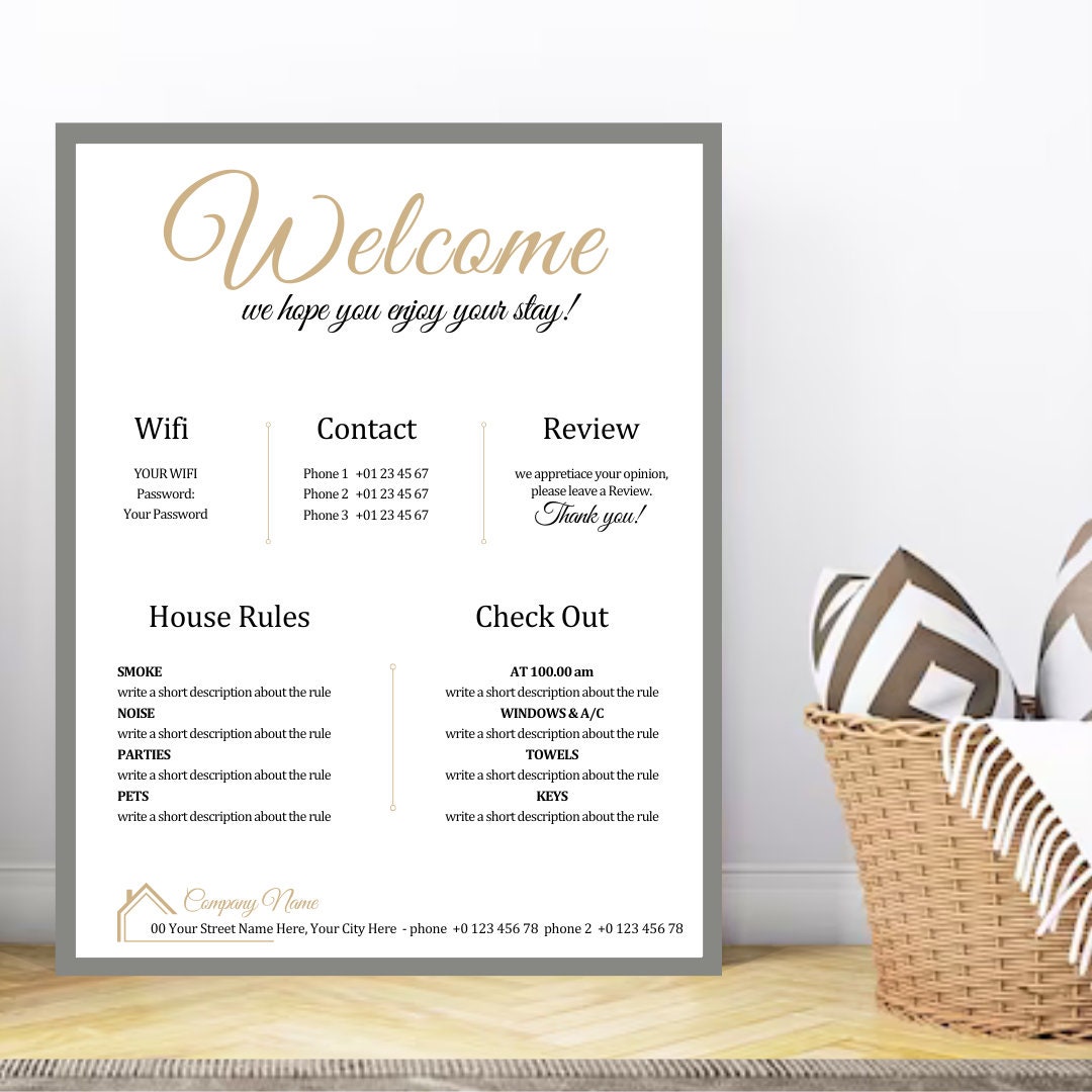 Airbnb WELCOME SIGN, Rules Template for Rental Home Apartment, Tenant ...