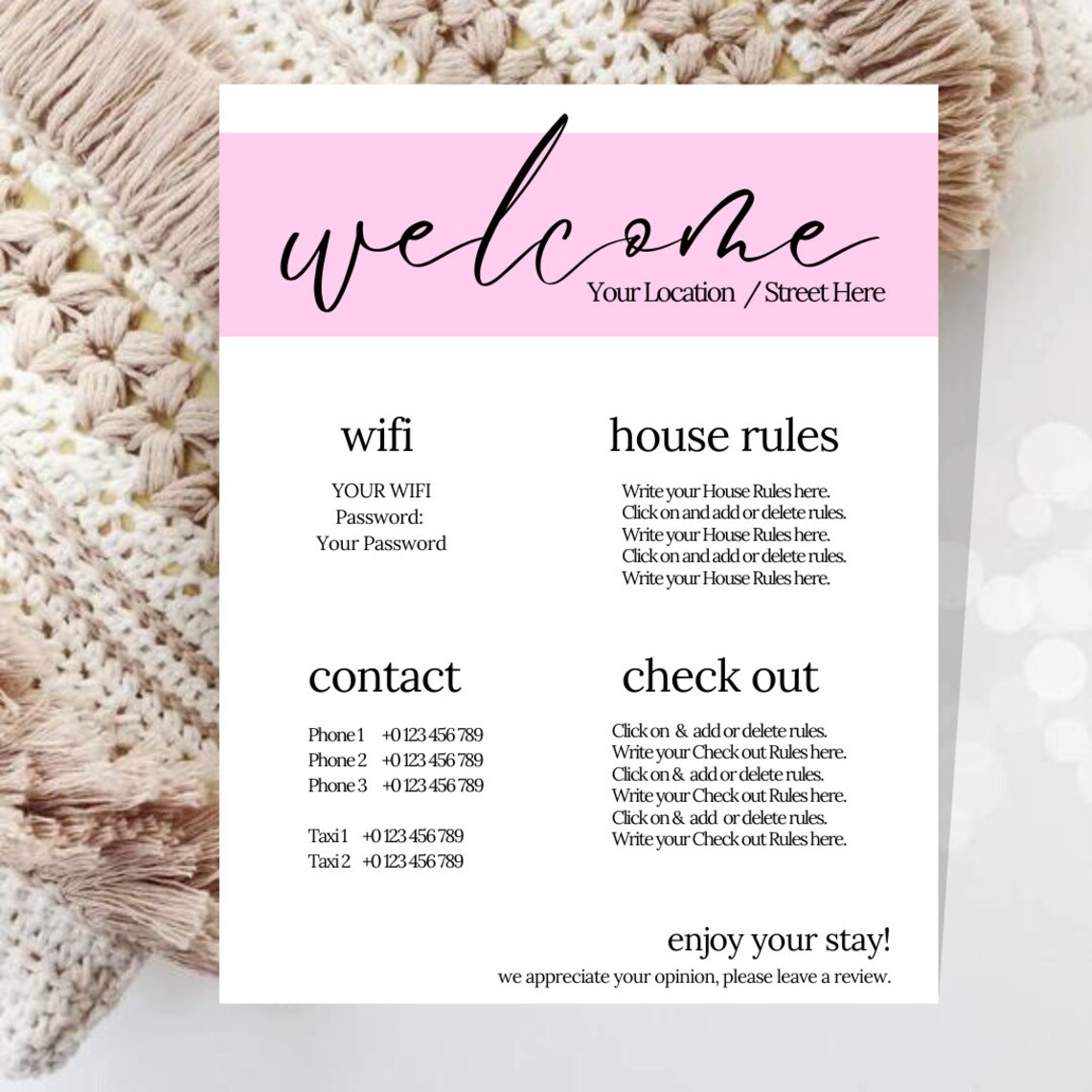 WELCOME TEMPLATE for Guest Rental Home. Airbnb Sign 1 Page, Tenant ...