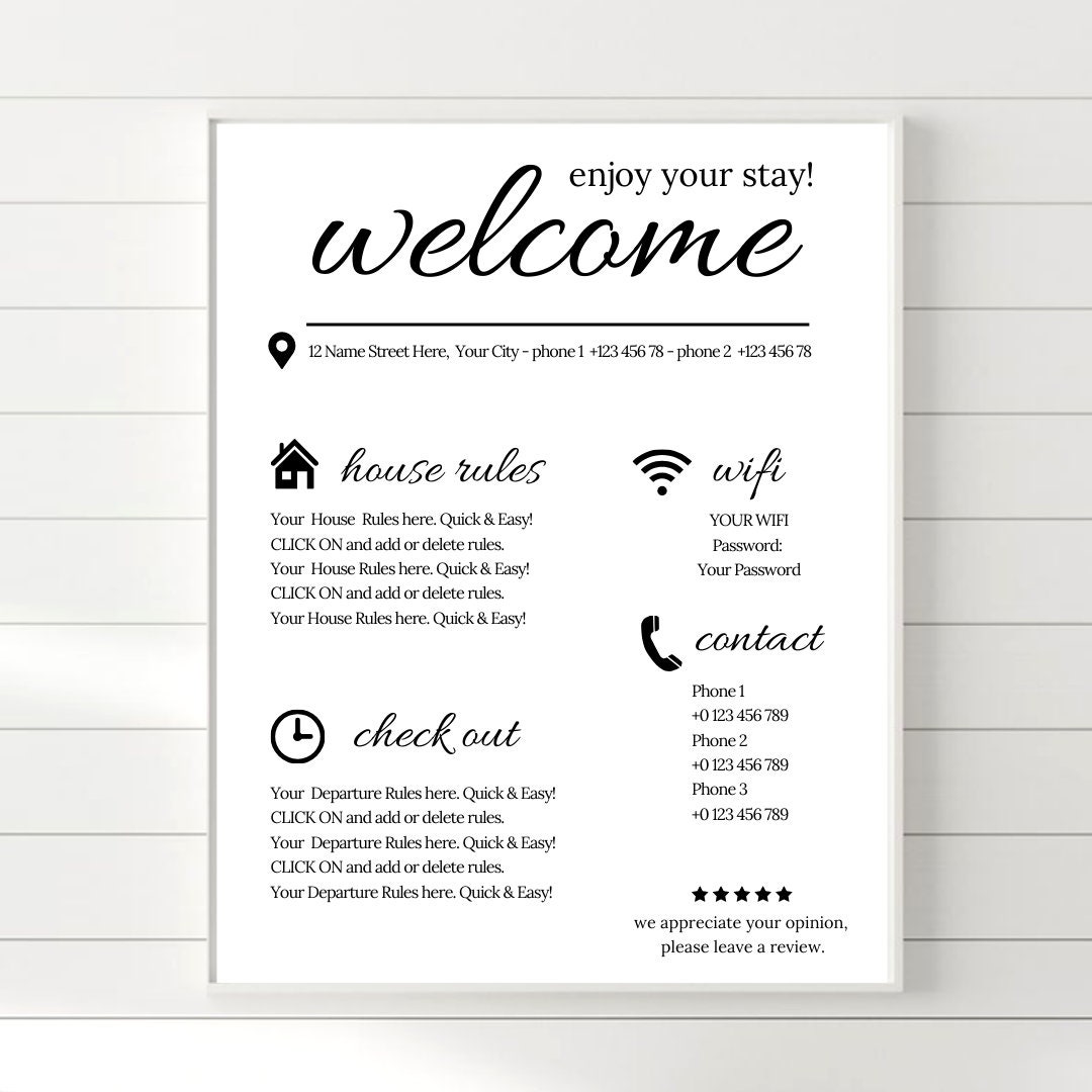 Airbnb Sign, WELCOME SIGN TEMPLATE for Rental Home, Tenant Sign, Guest ...