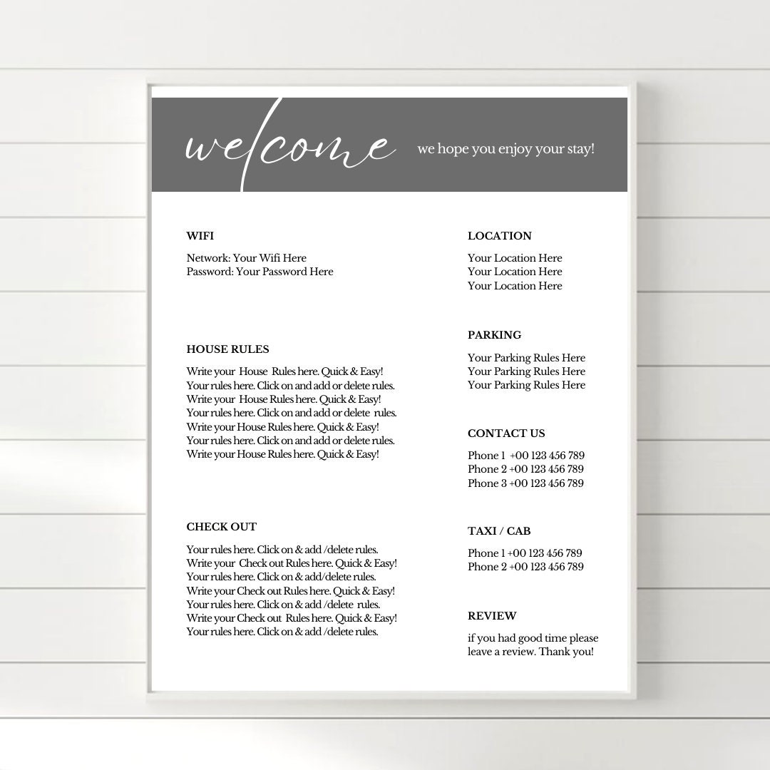 WELCOME SIGNAL TEMPLATE for Airbnb Rental House, Guest Rules Sign ...