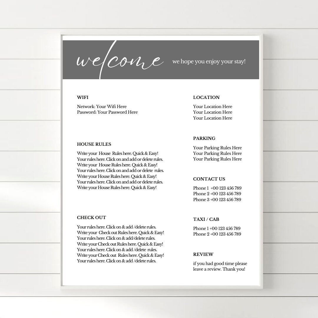 WELCOME SIGNAL TEMPLATE for Airbnb Rental House, Guest Rules Sign ...
