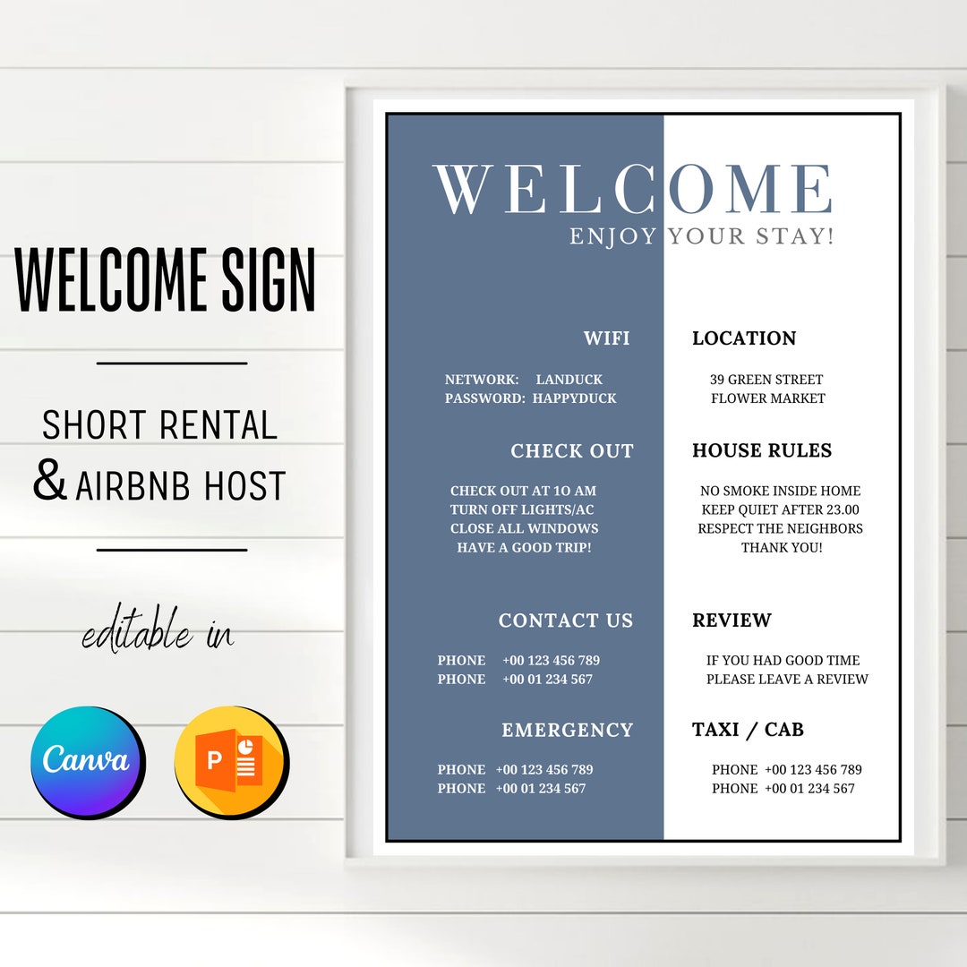 1 Page WELCOME SIGN TEMPLATE for Airbnb Host / House Rules & Check Out ...