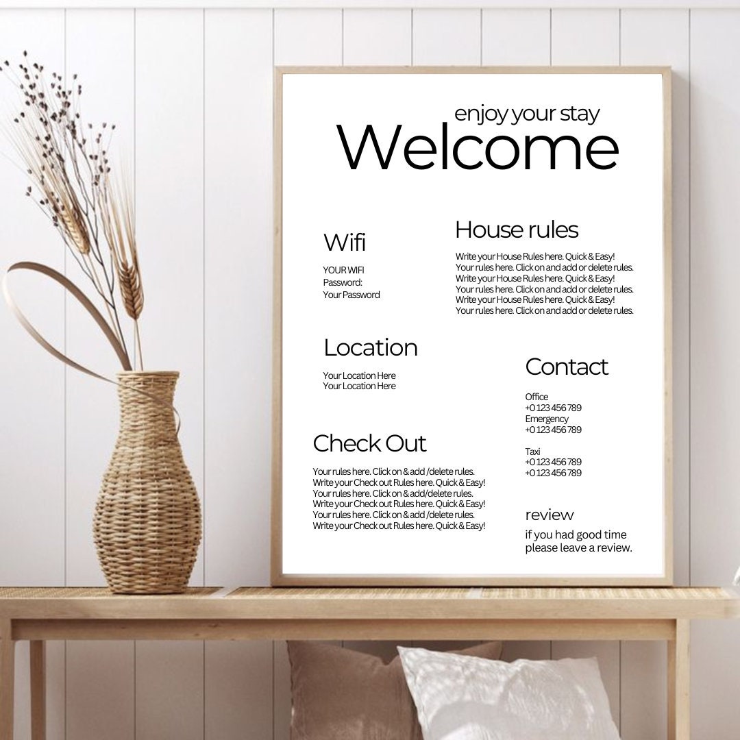 Airbnb Sign, 1 Page WELCOME SIGN TEMPLATE for Rental Home. Condo Info ...