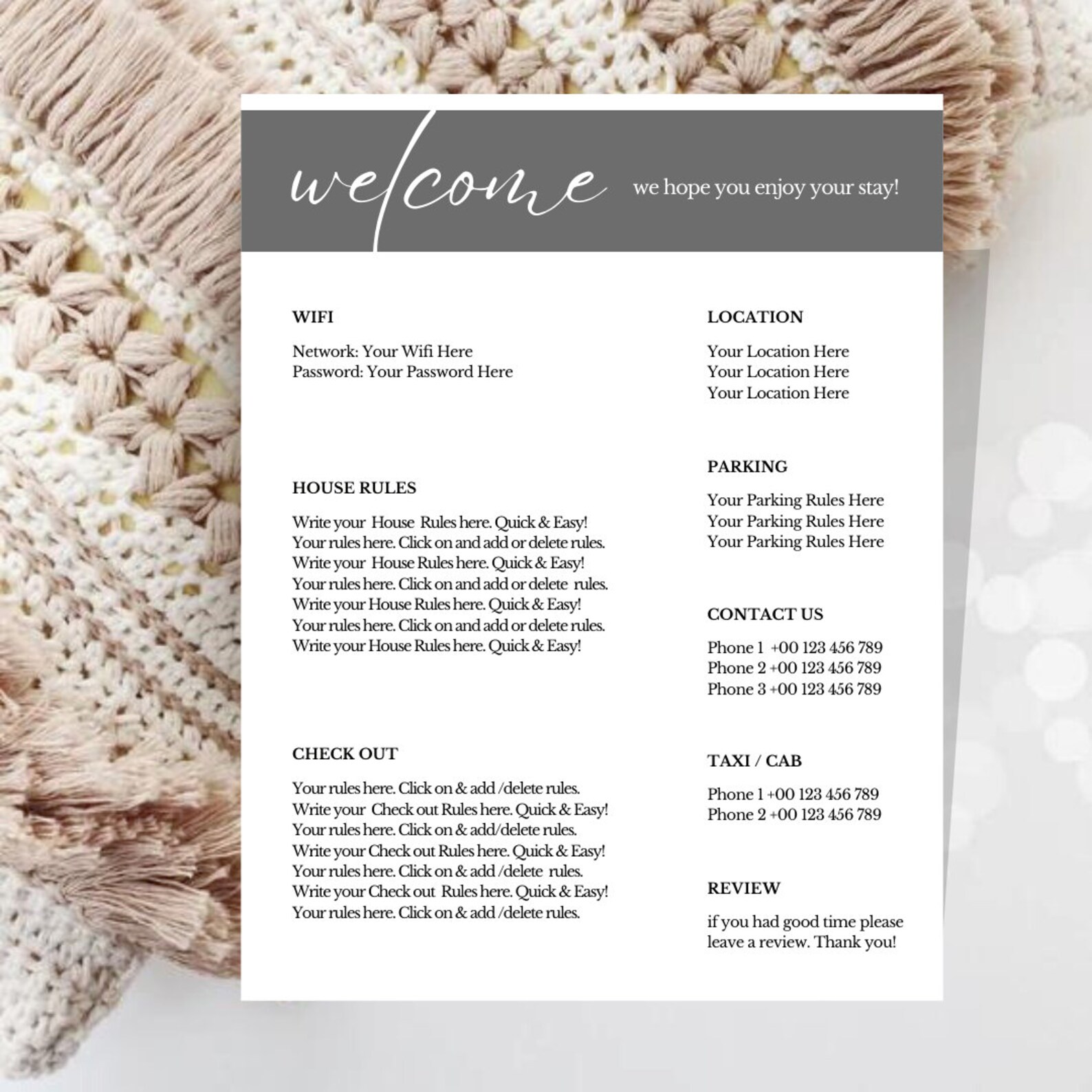 WELCOME SIGNAL TEMPLATE for Airbnb Rental House, Guest Rules Sign ...