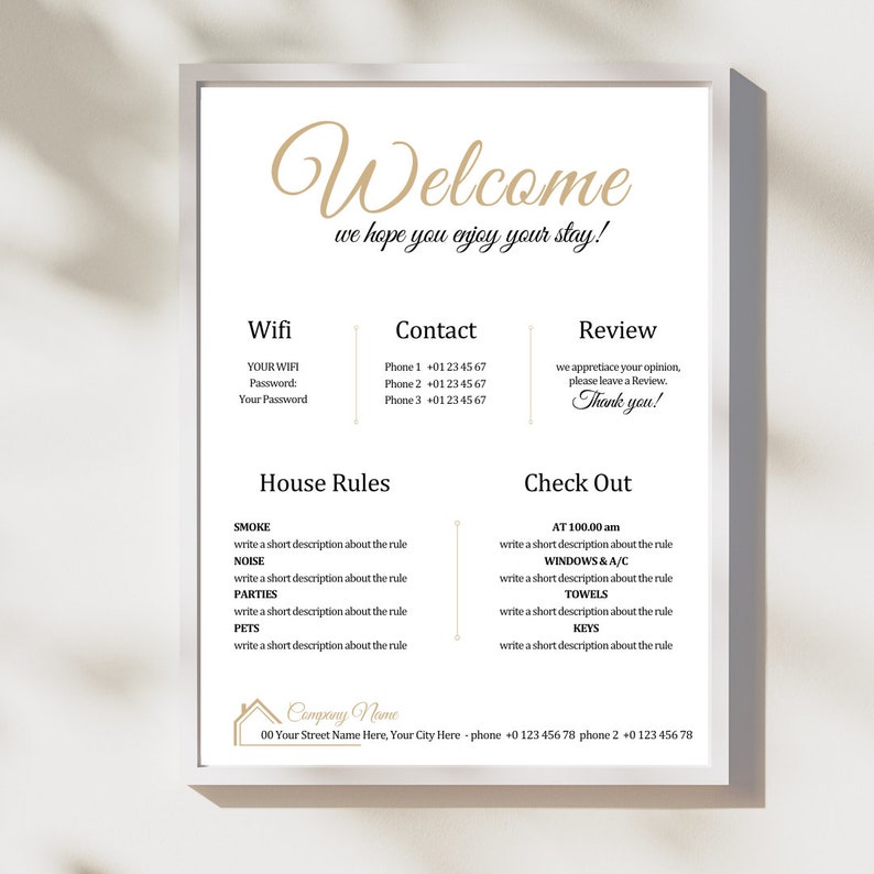 Airbnb WELCOME SIGN, Rules Template for Rental Home Apartment, Tenant ...