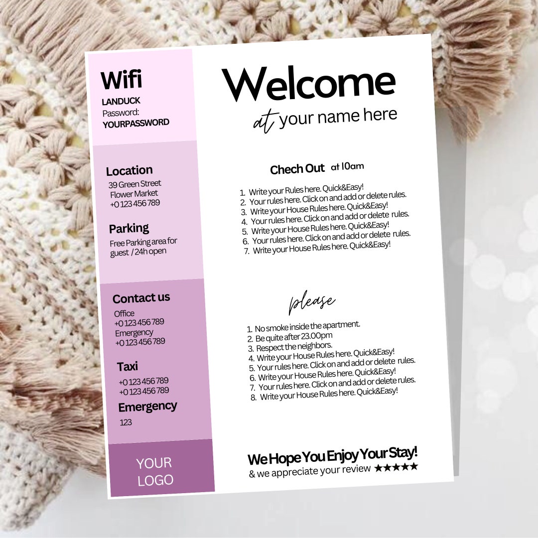 1 Page WELCOME SIGN Template for Rental Airbnb Host / Editable Beach ...