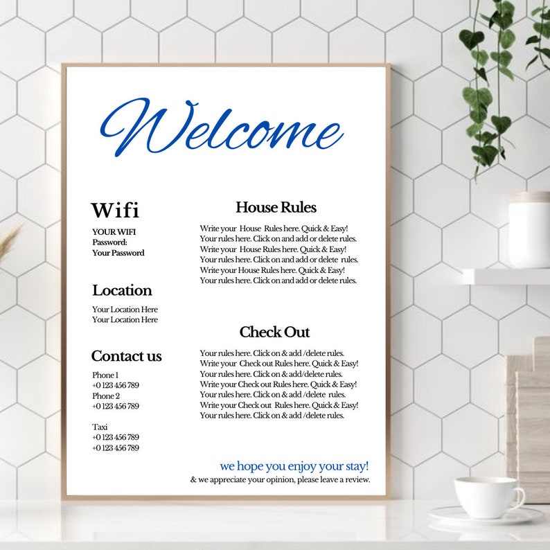 WELCOME SIGN TEMPLATE for Airbnb Rental Home, Tenant Sign, Guest Rules ...