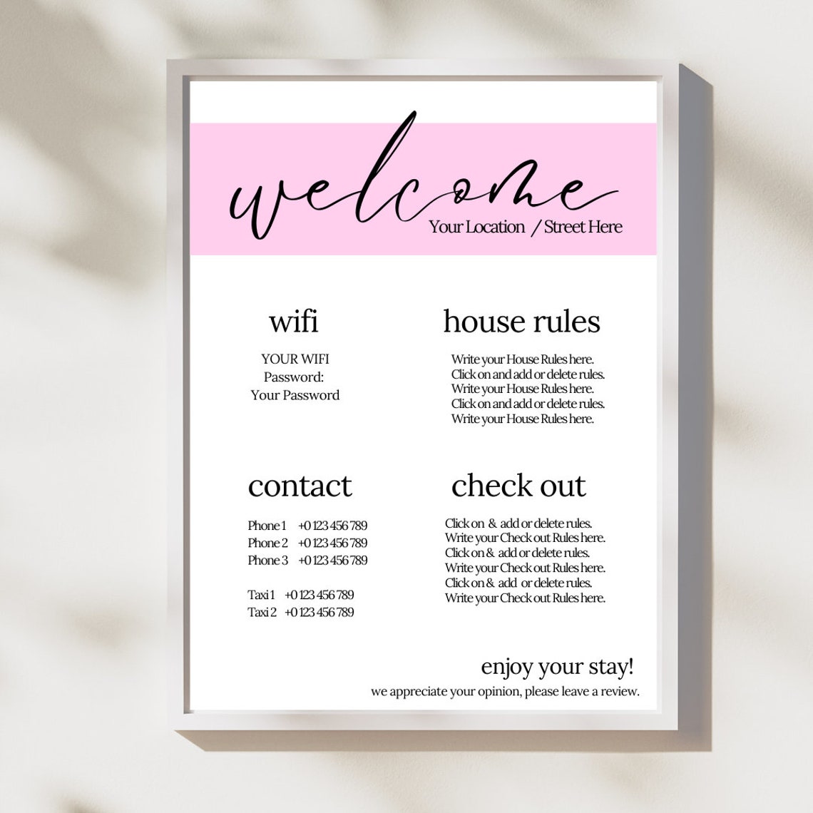 WELCOME TEMPLATE for Guest Rental Home. Airbnb Sign 1 Page, Tenant ...