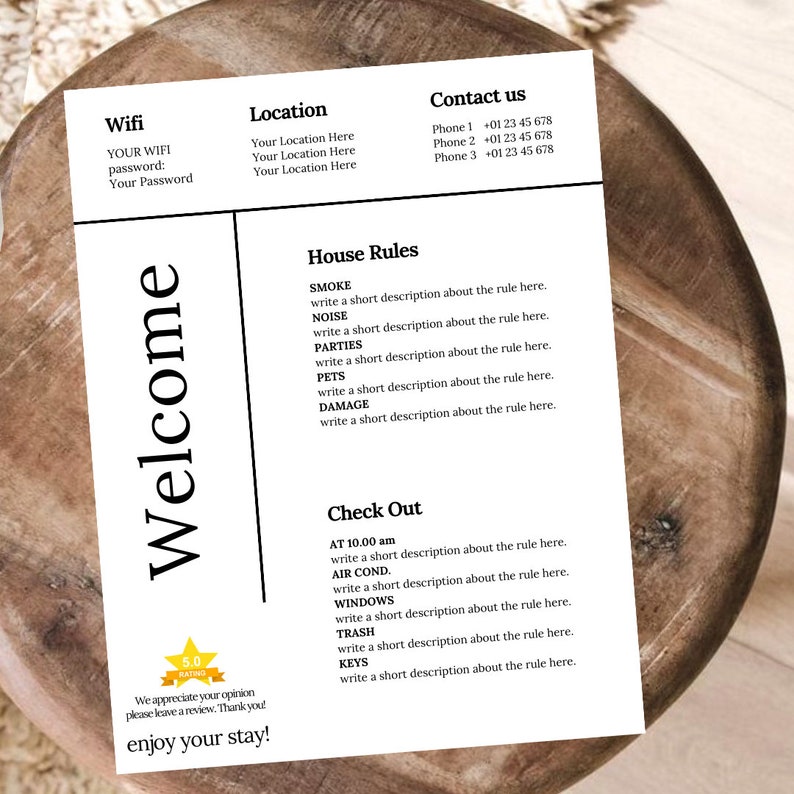 WELCOME SIGN TEMPLATE for Airbnb Rental Home. Airbnb Sign, Tenant Sign ...
