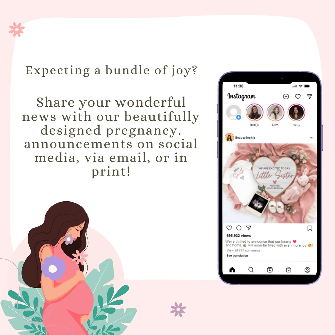 Girl Pregnancy Announcement Digital Baby Announcement Girl Gender ...