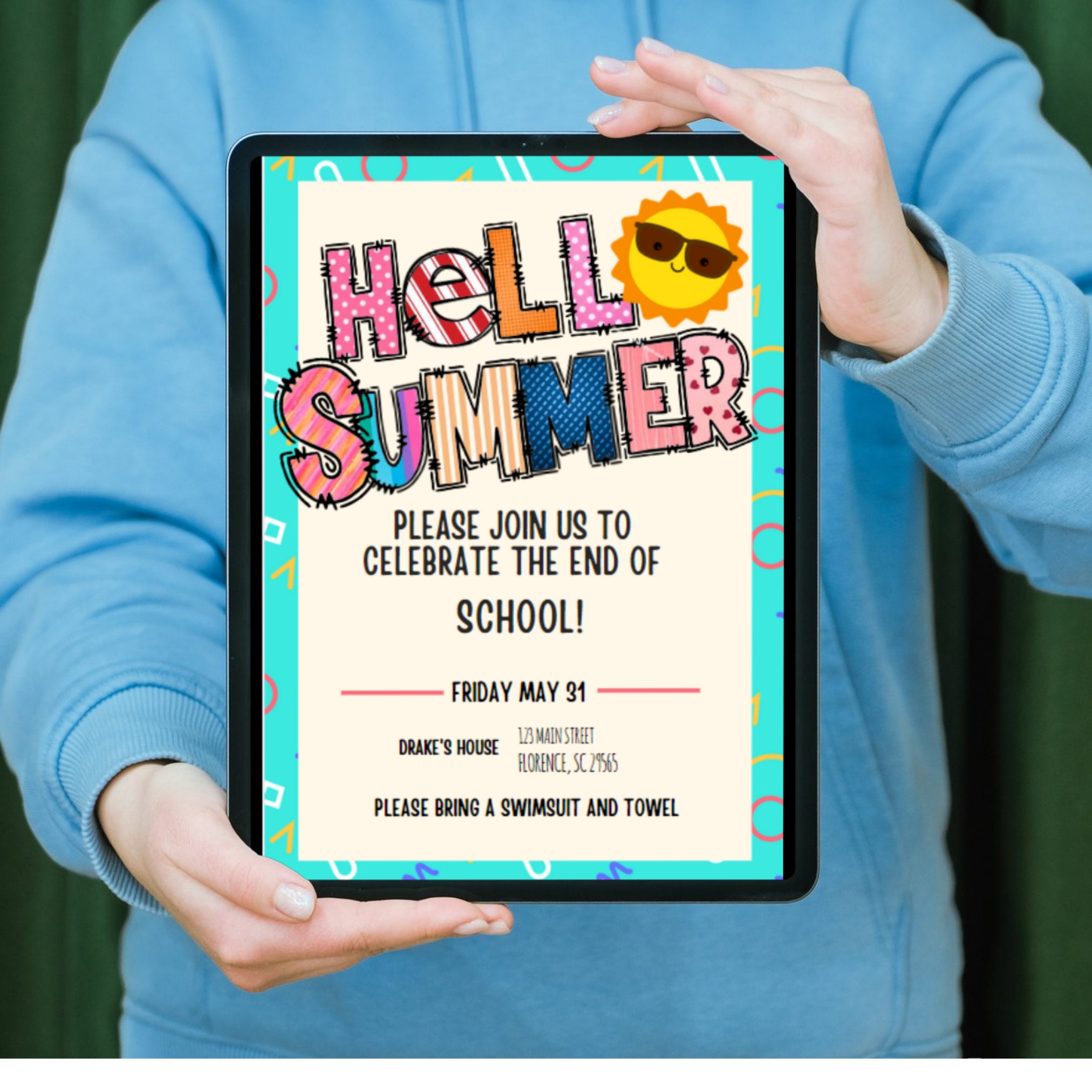 Hello Summer Editable Digital Invitation. End of Year Party. 5 X 7 Inch ...