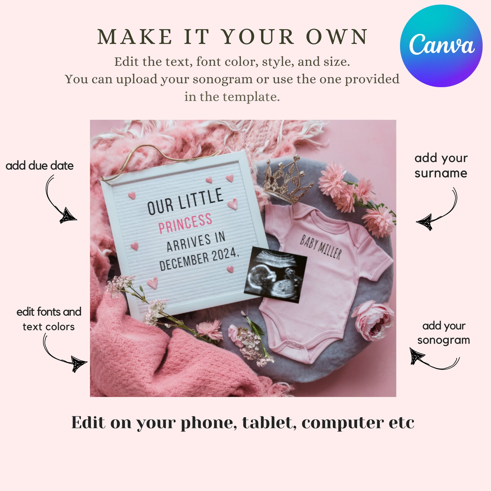 Girl Pregnancy Announcement Digital Baby Announcement Girl Gender ...