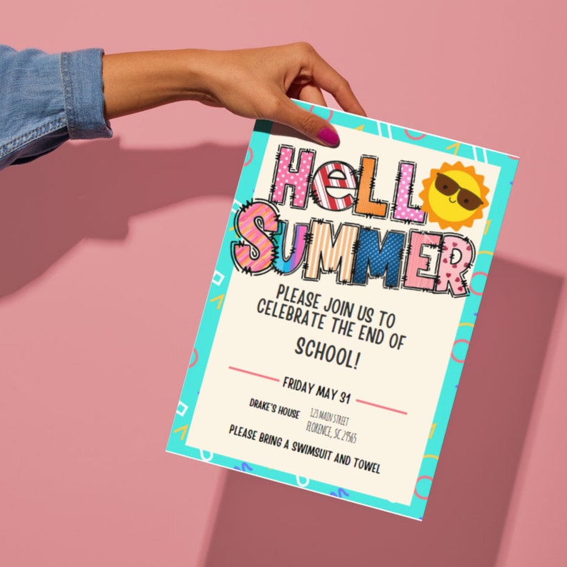 Hello Summer Editable Digital Invitation. End of Year Party. 5 X 7 Inch ...