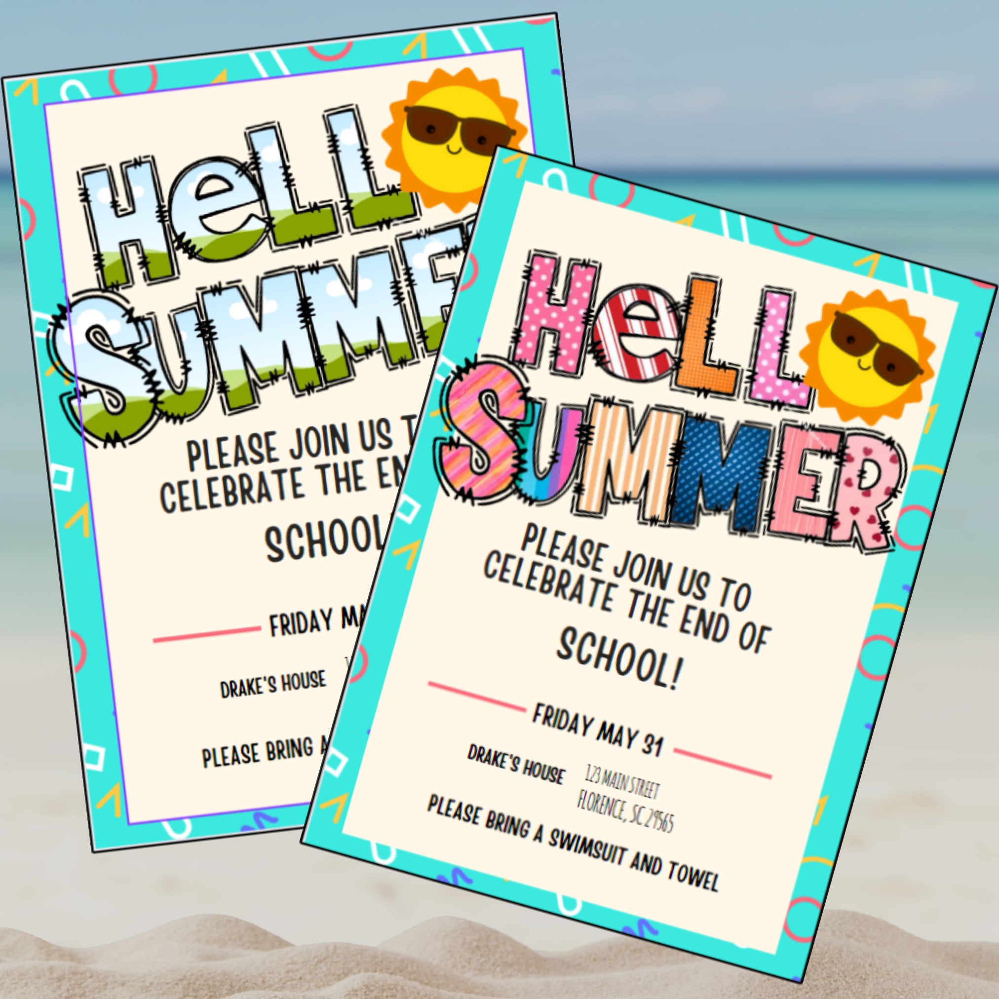 Hello Summer Editable Digital Invitation. End of Year Party. 5 X 7 Inch ...