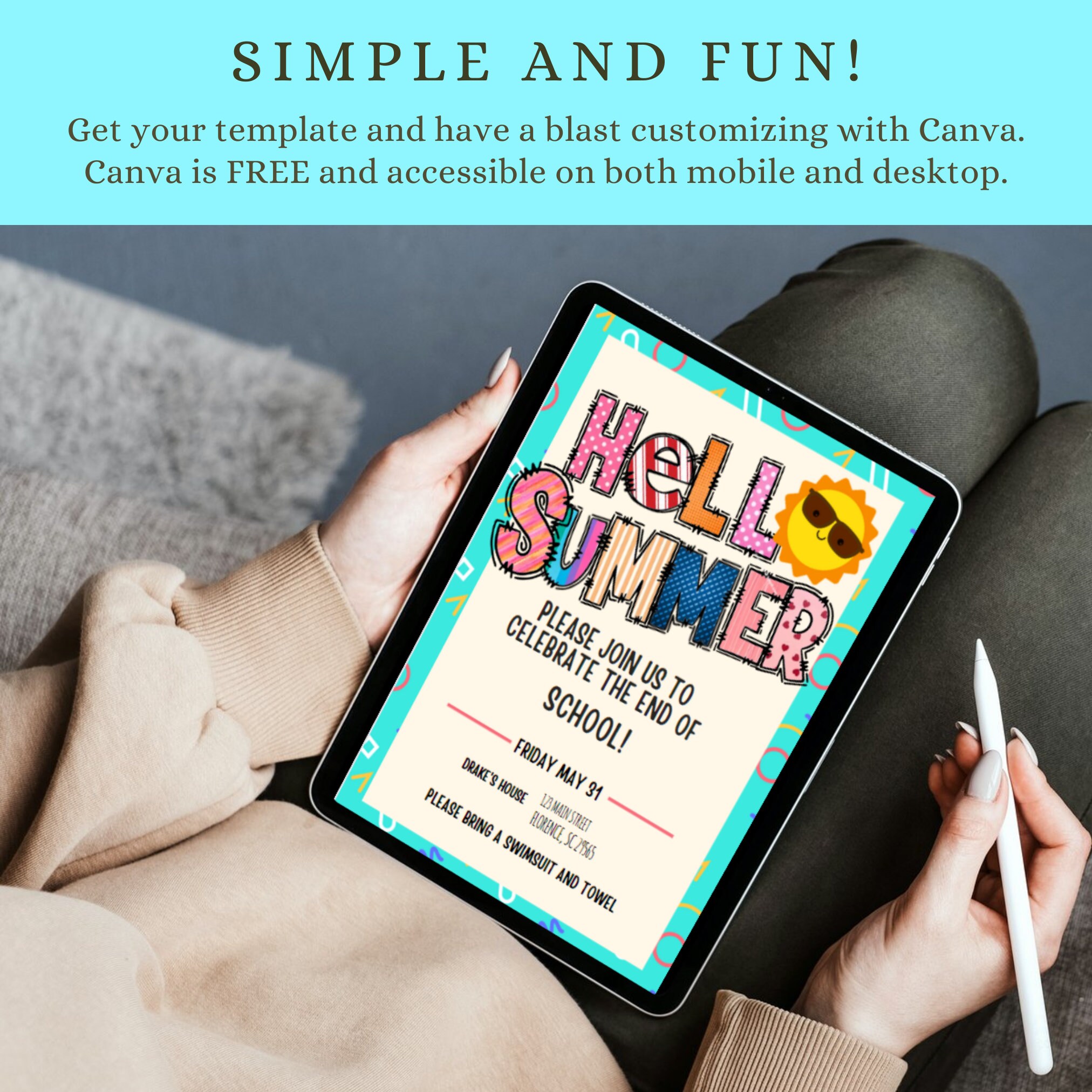 Hello Summer Editable Digital Invitation. End of Year Party. 5 X 7 Inch ...