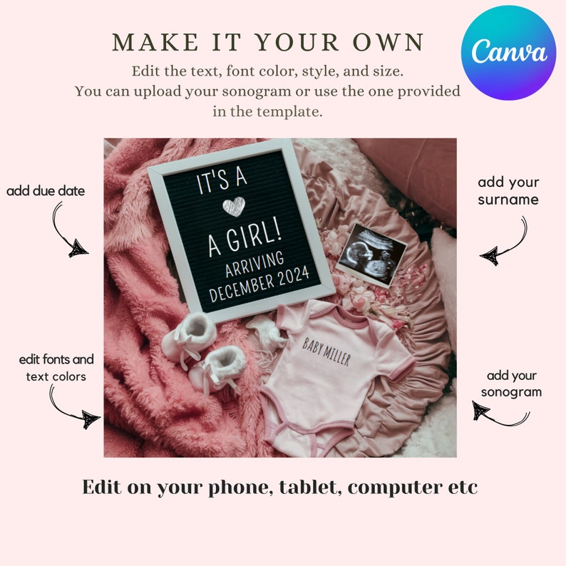 Girl Pregnancy Announcement Digital Baby Announcement Girl Gender ...