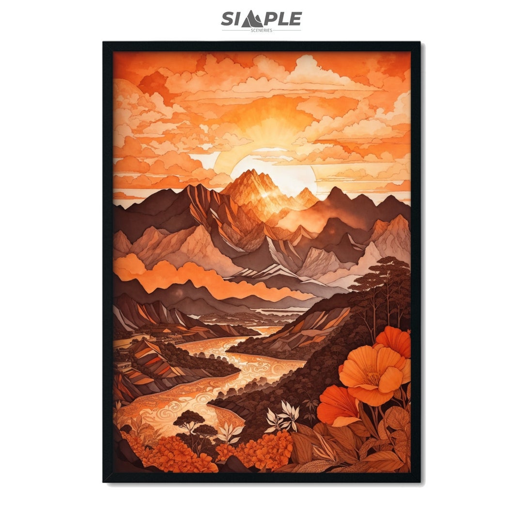Printable Sunset Landscape Batik Print, Mountain Landscape Art Print ...