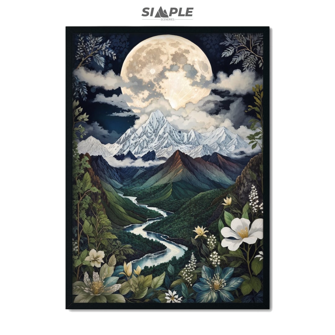 Printable Moonlit Landscape Batik Print, Mountain Landscape Art Print ...