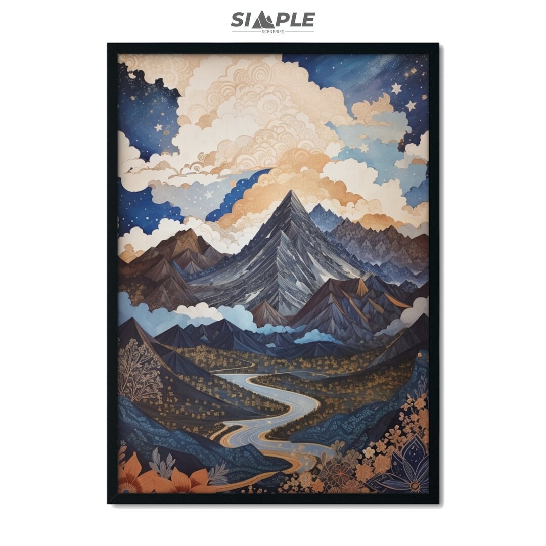Printable Stars Landscape Batik Print, Mountain Landscape Art Print ...