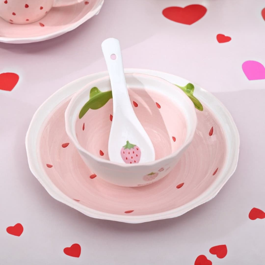 Cute Strawberry Cup, Plate, Bowl and Spoon Gift Set Pastel Pink Table ...