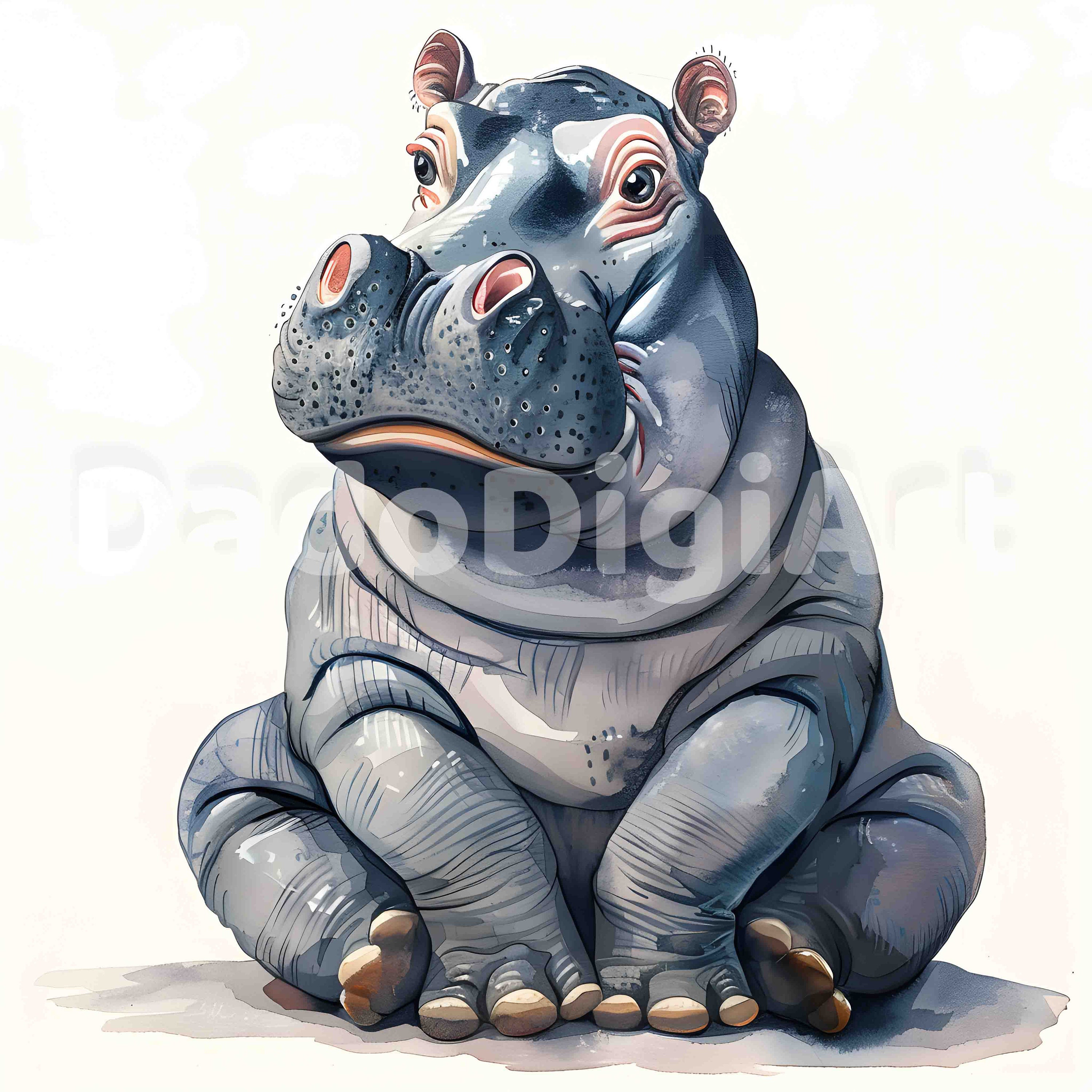 12 Funny Whimsical Hippo Clipart - Printable, Watercolor, High Quality ...