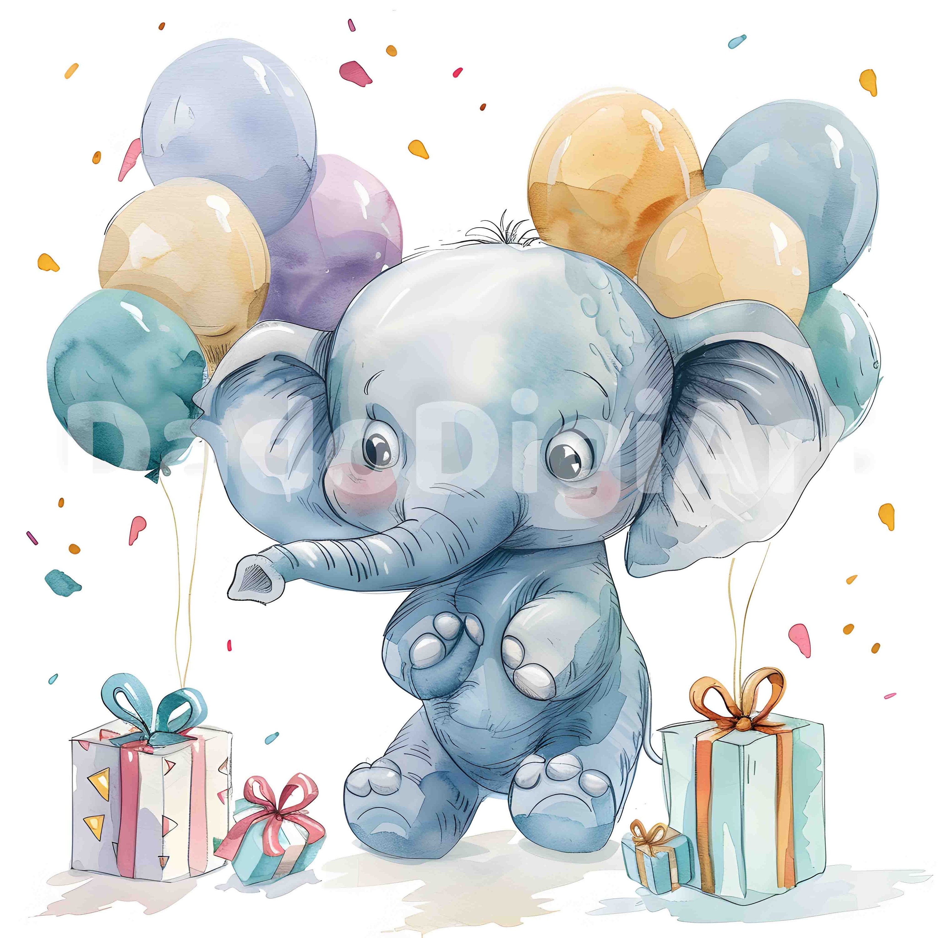 11 Funny Birthday Elephants Clipart - Printable, Watercolor, High ...