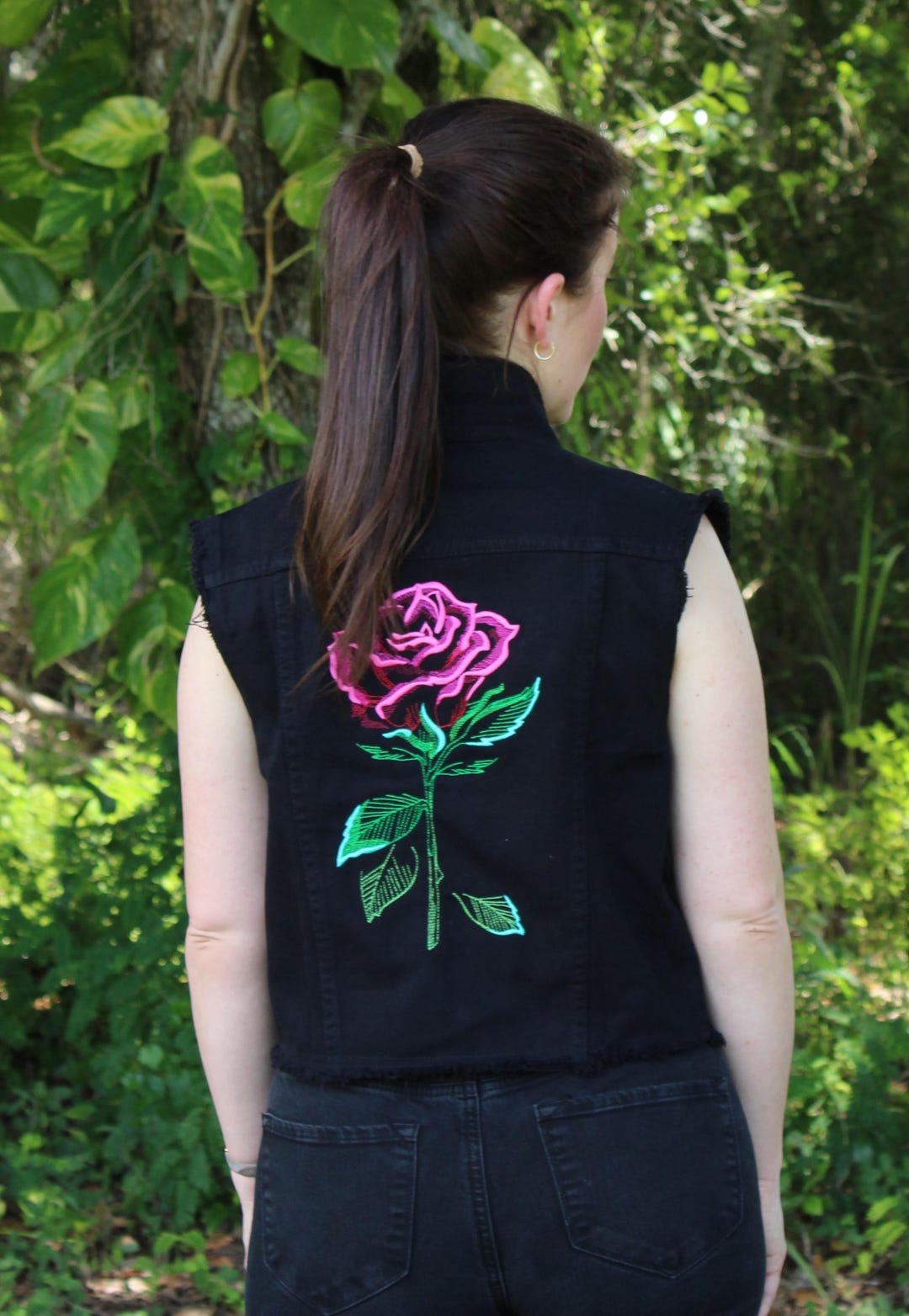 Black Denim Vest With Embroidery Back - Etsy