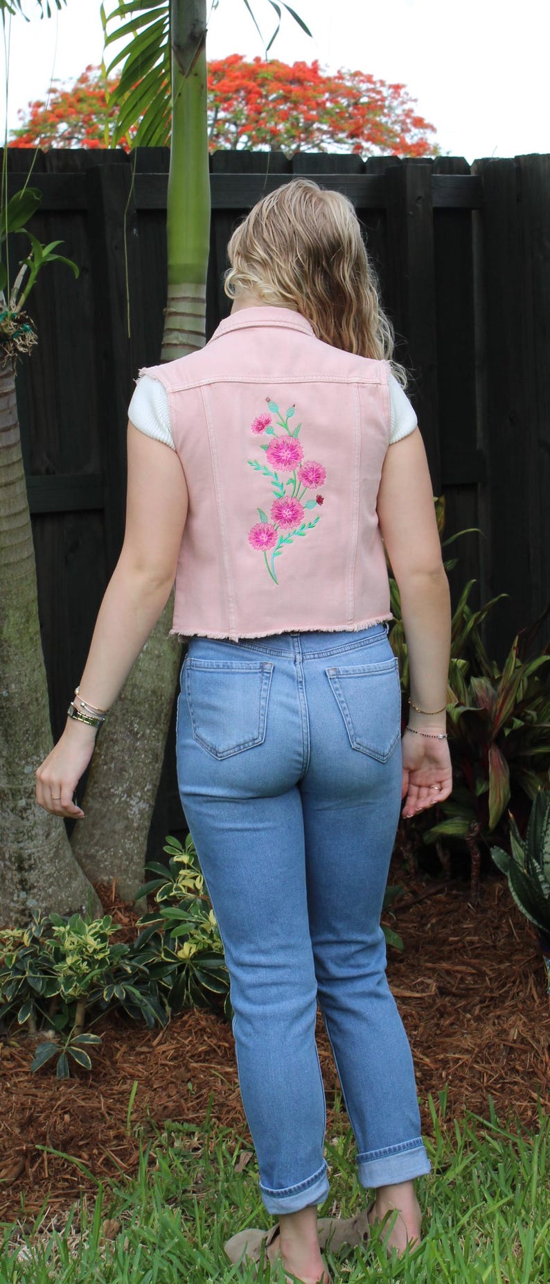Pink Denim Vest With Embroidery Back - Etsy